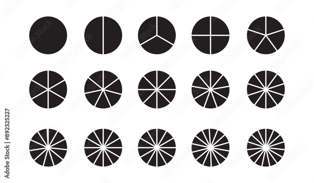 Segments of circle with 1 to 15 pieces. Info graphic icons circles set ...