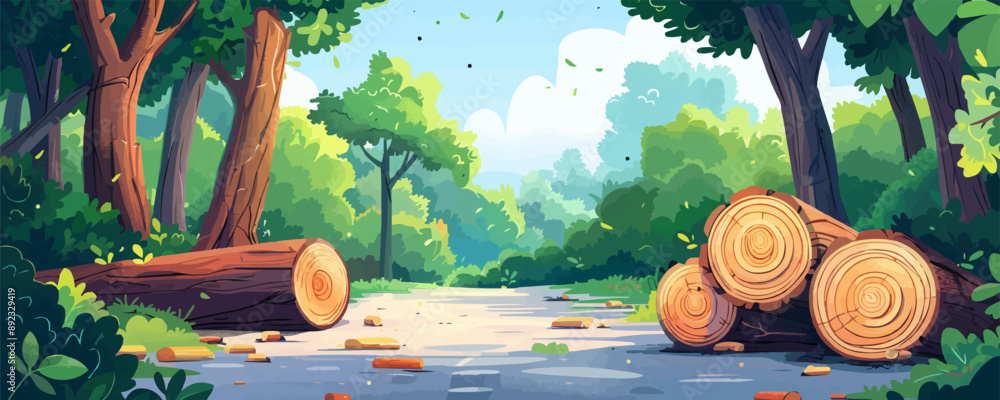 Fallen logs of trees from the forest lie on the road, transportation to ...