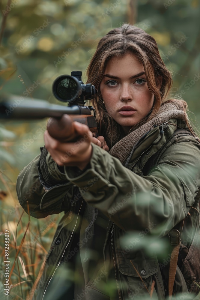 Girl hunter with an aimed rifle in the forest hunting for a hunted ...