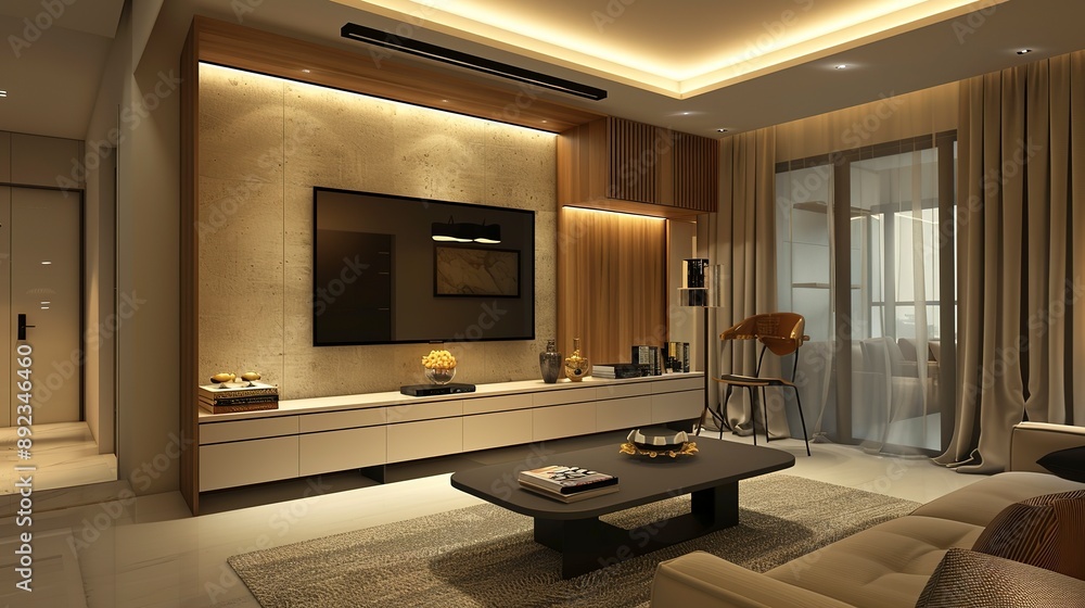 minimalist living room interior with TV console. Design the space with ...