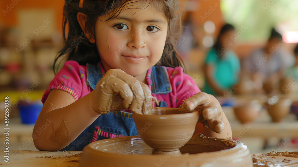 A young girl practices pottery in a classroom setting. She uses a ...