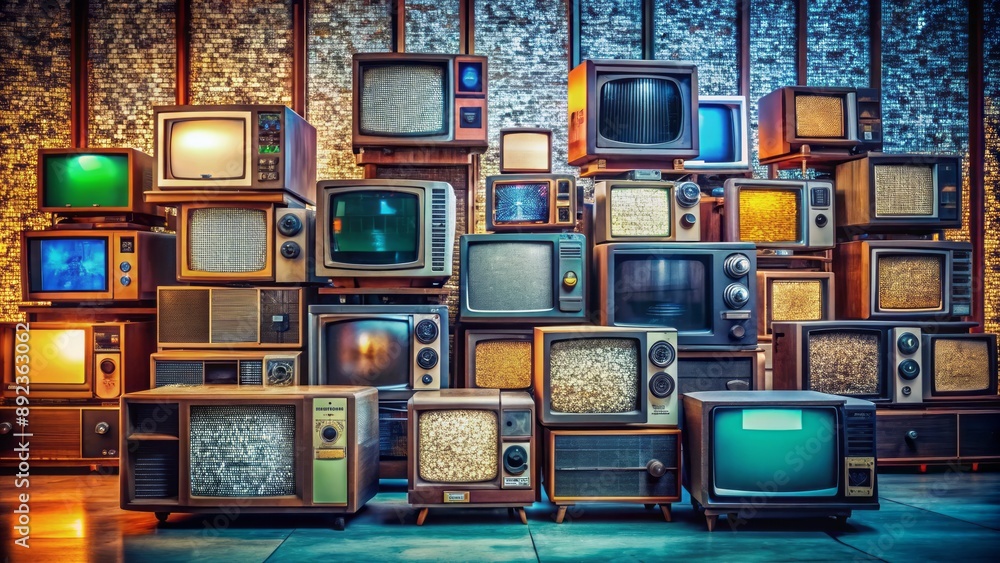 Array of retro television sets displaying fuzzy static screens, evoking ...