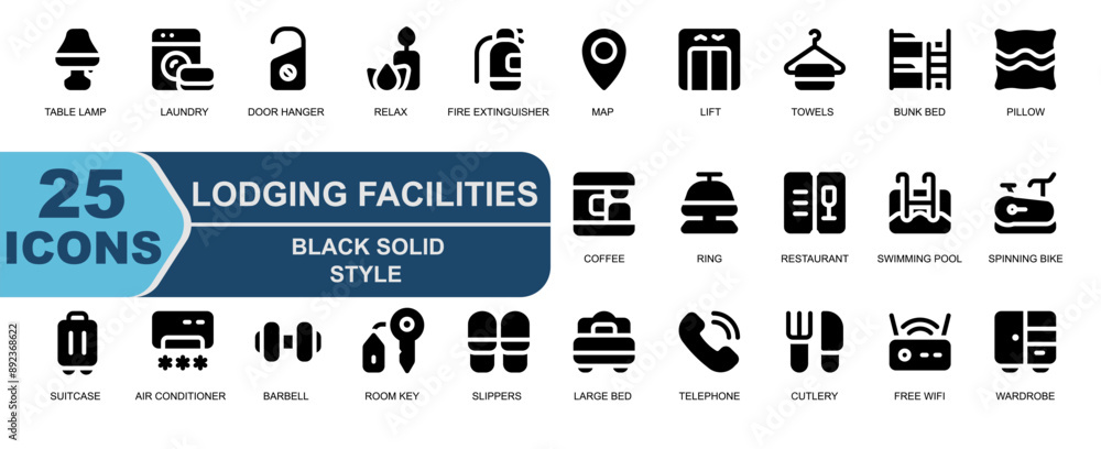 collection of accommodation facility icons.solid black style.contains ...