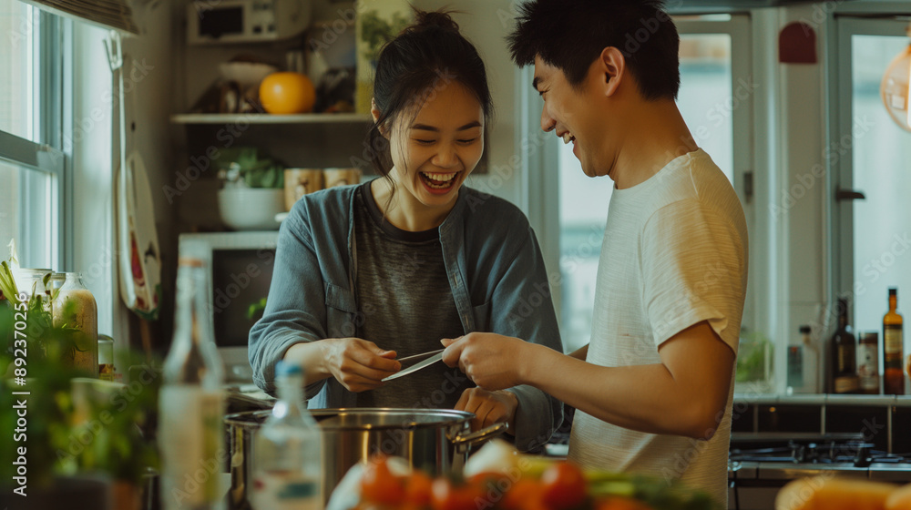 Young Asian couple laughing while cooking together in a kitchen. Stock ...