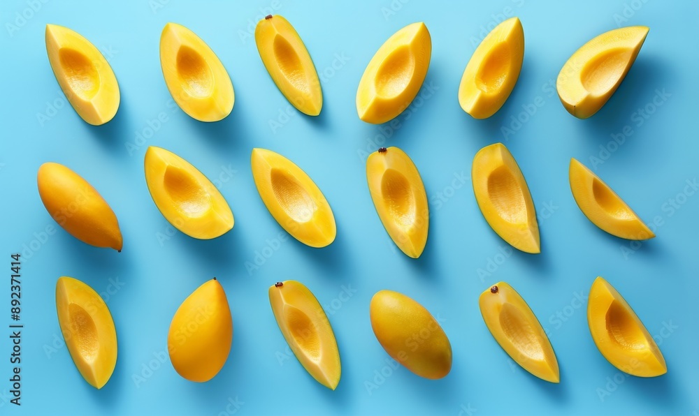 Abstract Mango Fruit Composition: Multi-Angle Views on Blue Background ...