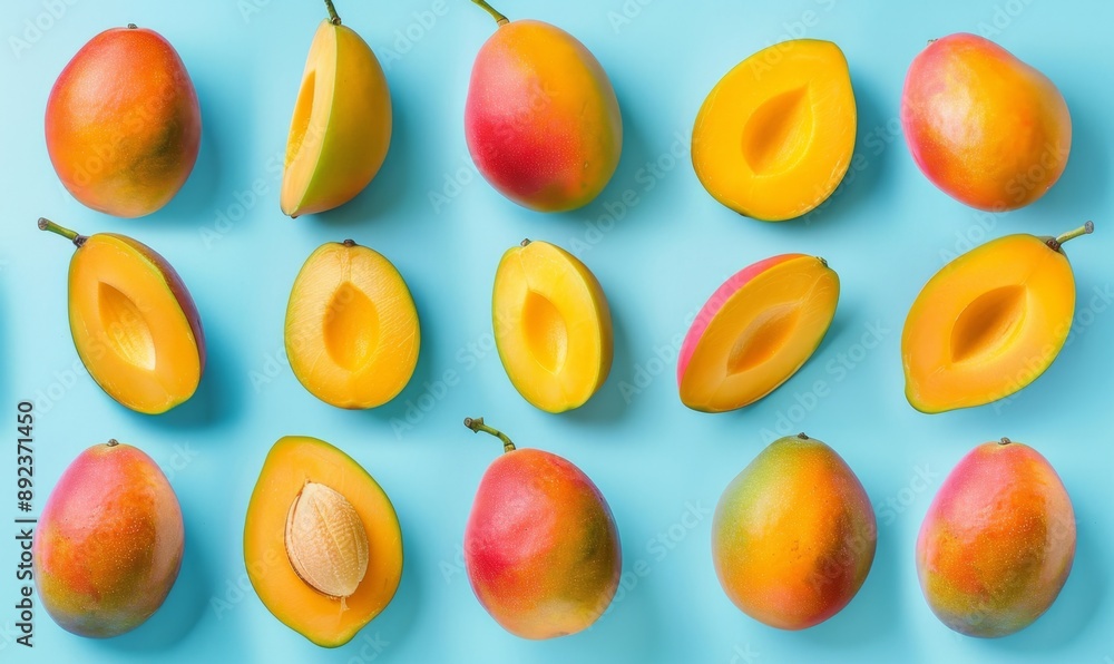 Abstract Mango Fruit Composition: Multi-Angle Views on Blue Background ...
