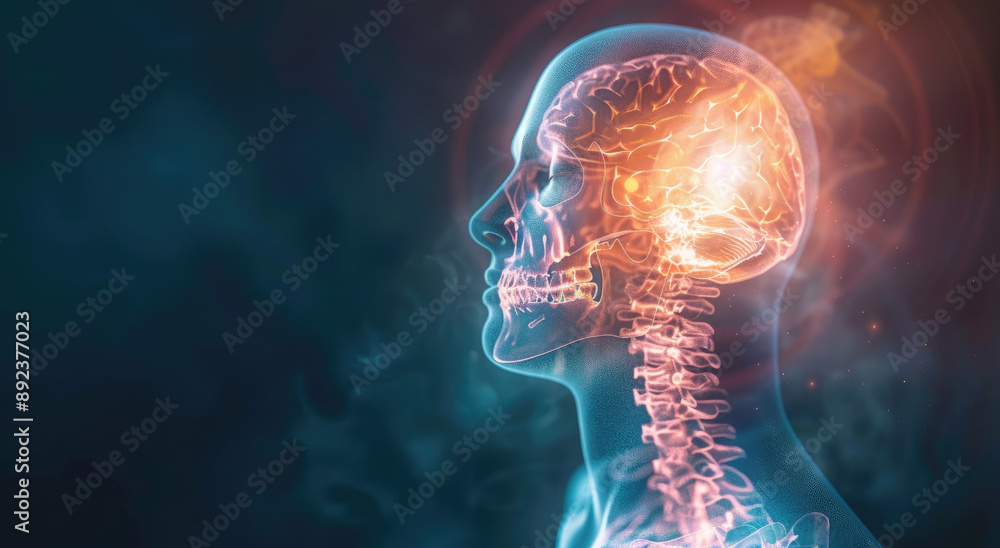 An illustration of neck pain, visualized as an X-ray style head with ...