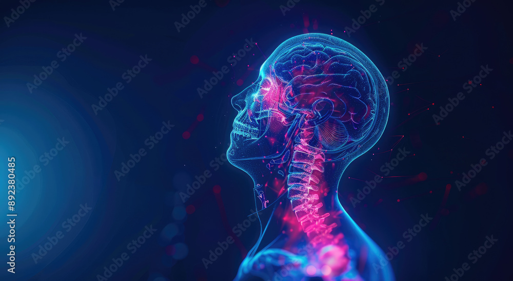 An illustration of neck pain, visualized as an X-ray style head with ...