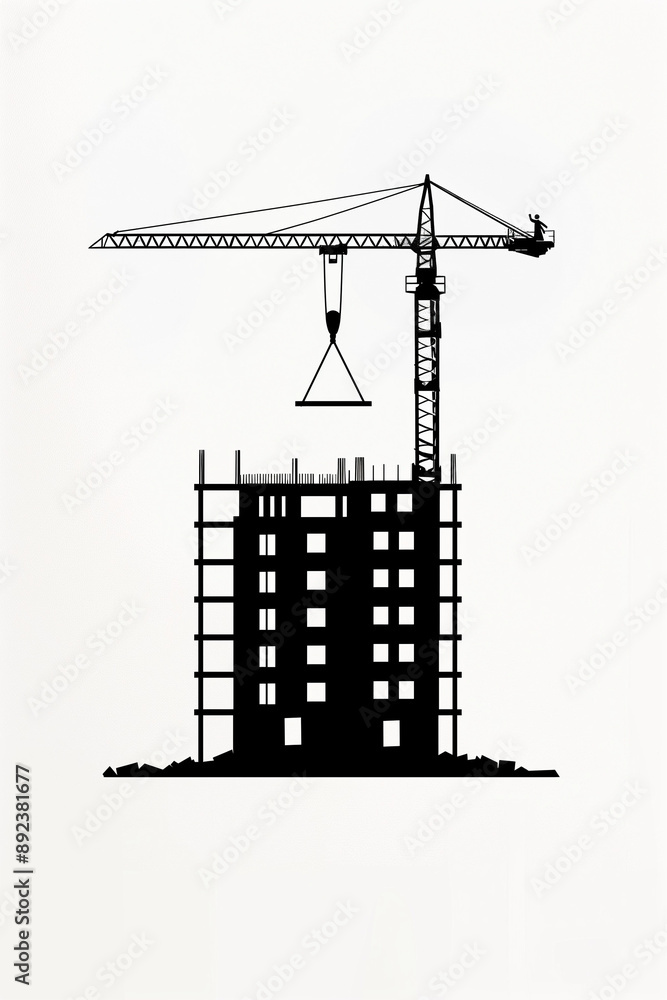Illustration minimaliste en noir et blanc montrant une grue de chantier ...