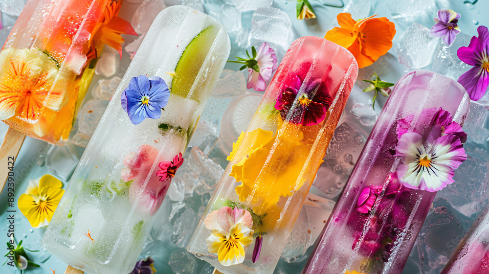 Colorful variety of fresh edible flowers in ice pops Stock Photo ...