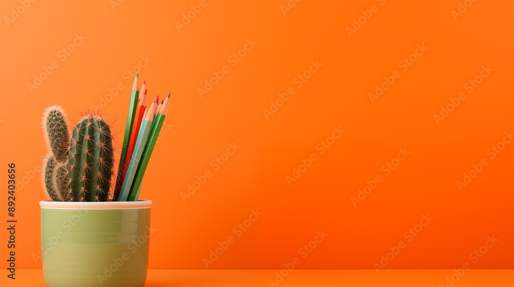 Pencils in a pot pastel lilac background, with room on the side for ...