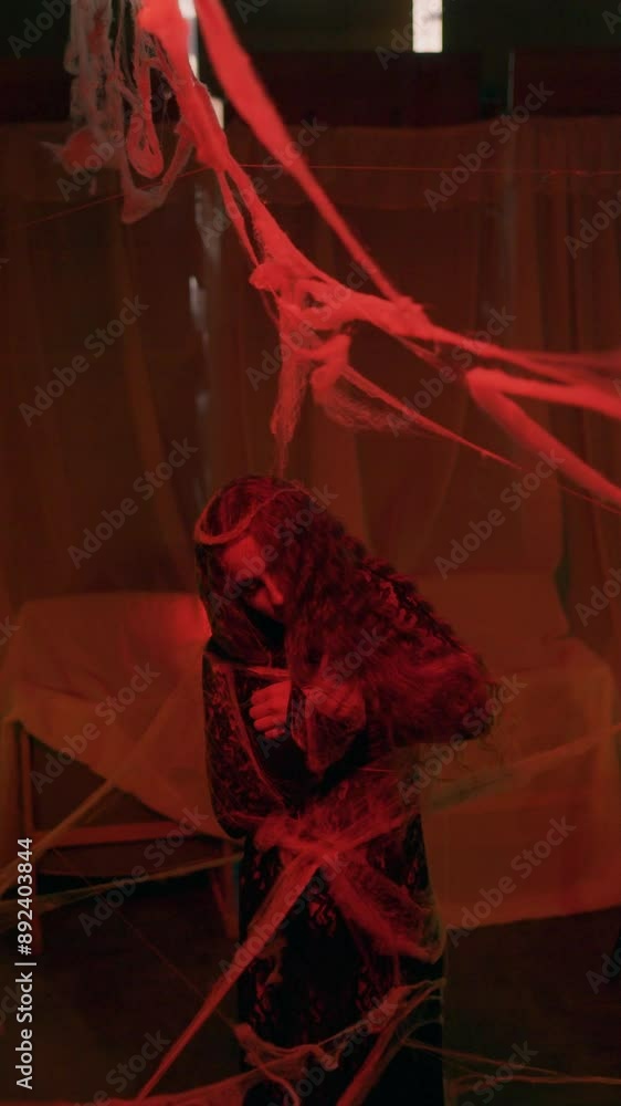 Beautiful girl with pale skin wearing black lace dress in spider web ...