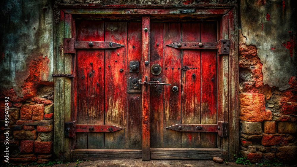 Eerie atmosphere surrounds a worn, ancient wooden door with faded red ...