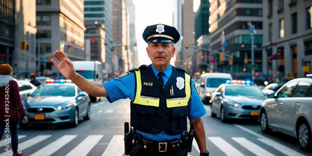Experienced police officer managing traffic flow in bustling downtown ...
