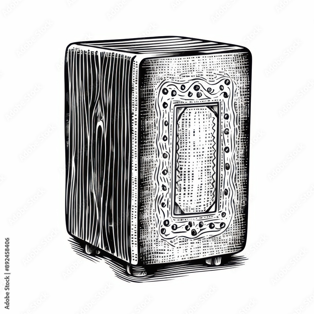 Black and white Vintage engraved art of a cajon isolated on white ...