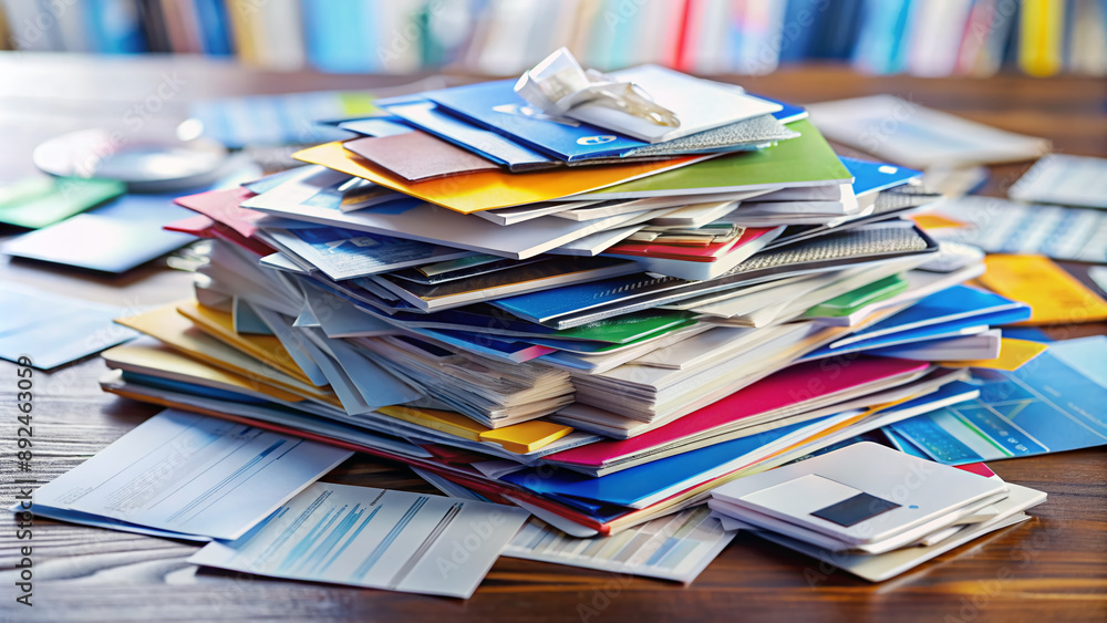 A cluttered table scattered with a disorganized stack of various ...
