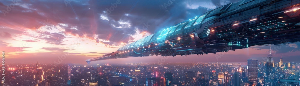 High-tech bridge with holographic display panels, floating above a ...