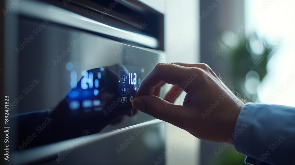 Detailed view of a man's hand operating the temperature settings on a ...