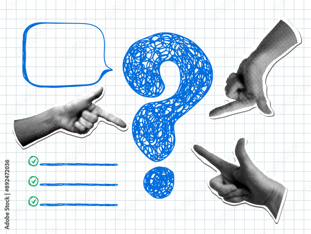 Modern collage with pointing hands and question mark. Halftone part of ...