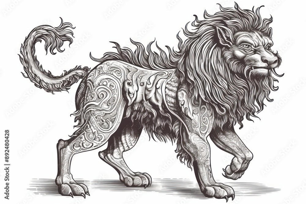 Black and white Vintage engraved art of a chimera isolated on white ...