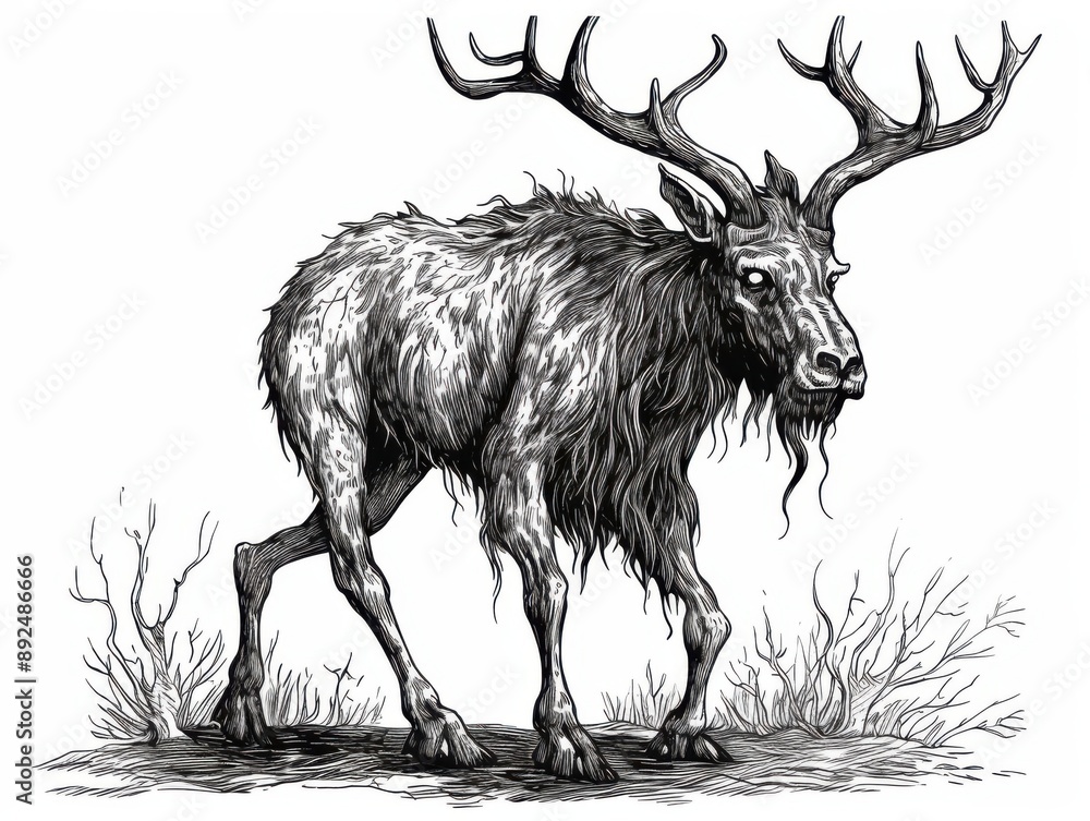 Black and white Vintage engraved art of a wendigo isolated on white ...