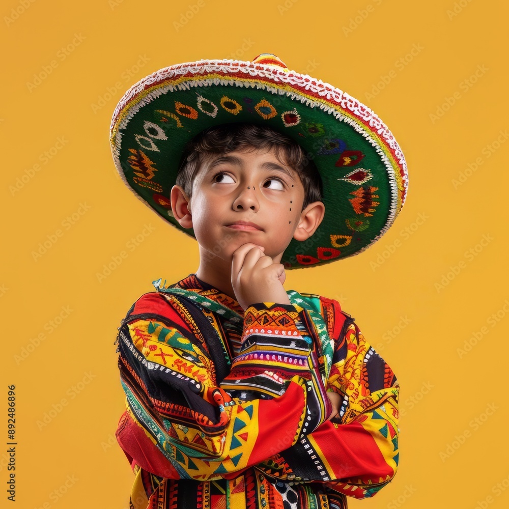 Portrait of a Mexican Boy Thinking on Yellow Bacground. Embracing ...