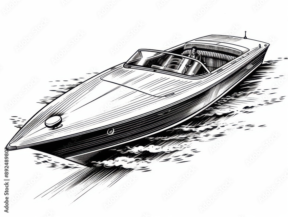 Black and white Vintage engraved art of a vintage speedboat isolated on ...