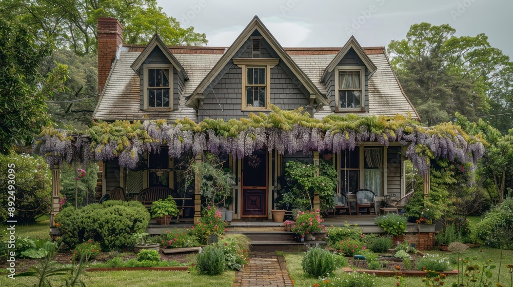 quaint suburban home with a gabled roof and a front porch with wisteria ...