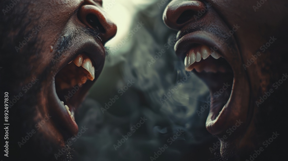 Intense close-up of two people yelling at each other, capturing raw emotion, tension, and ...