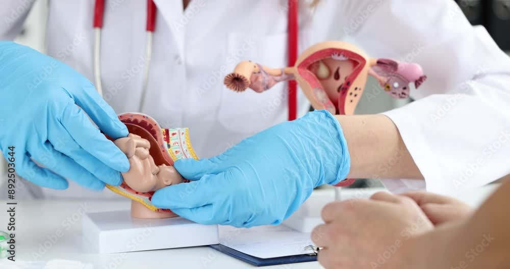 Gynecologist shows woman structure of uterus and fetus of child on ...