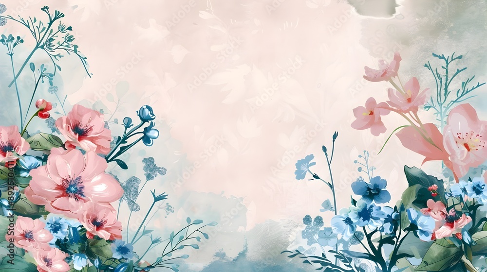 Delicate Floral Border Frame with Botanical Peonies and Forget me nots ...