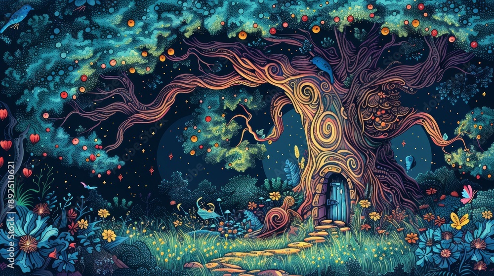 magical forest theme, illustration featuring a wise tree in an ...