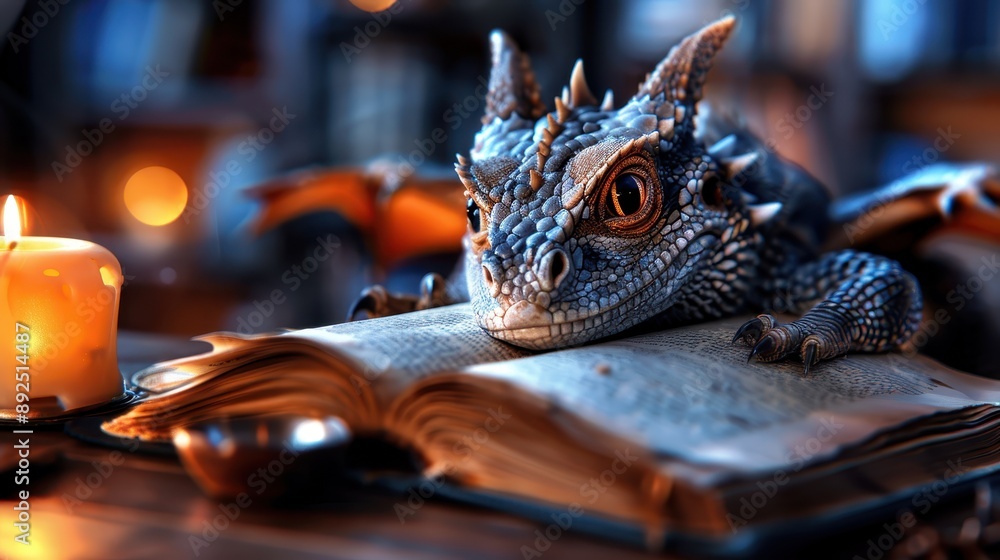 A mystical blue dragon intently reads a book, surrounded by soft ...