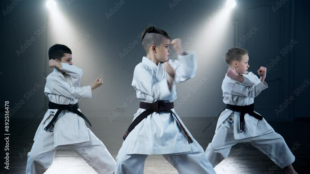 Children in white kimono training karate at smoky background. Three ...