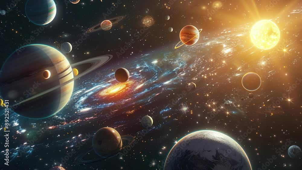 Spiral galaxy with planets and stars in deep space. Solar system with ...