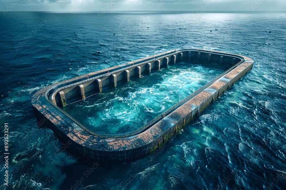 Aerial view of a tidal barrage structure harnessing the energy from ...