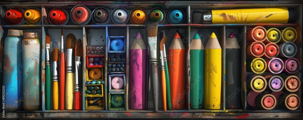 Colorful art supplies organized in a box including pencils, brushes ...
