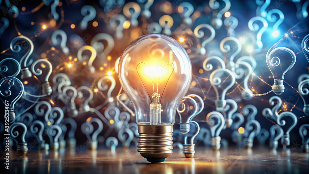 A gleaming light bulb suspended amidst swirling question marks ...