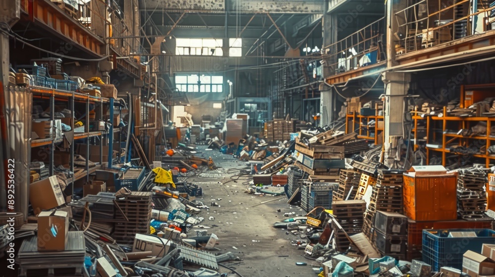An abandoned industrial or warehouse interior filled with clutter and ...
