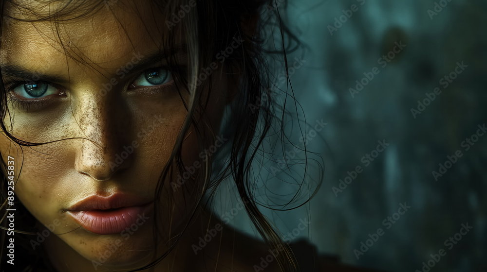 Intense close-up portrait of a woman with green eyes and freckles ...