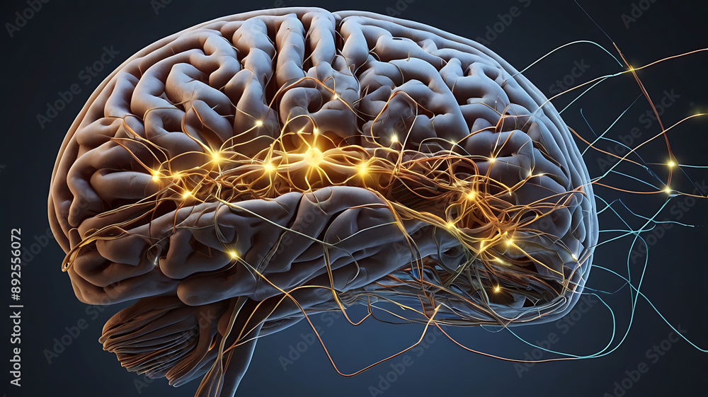 A detailed depiction of neural pathways in the brain, with electrical ...