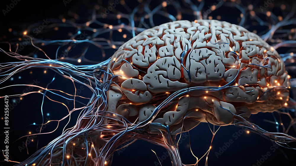 A detailed depiction of neural pathways in the brain, with electrical ...