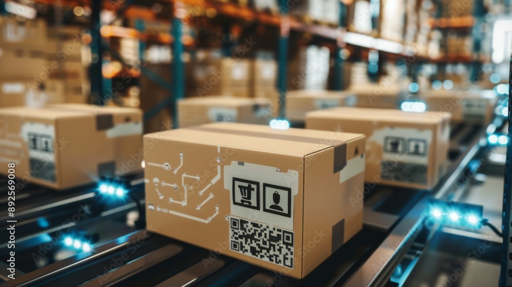 Automated Warehouse with Conveyor Belt and Packages with QR Code - A ...