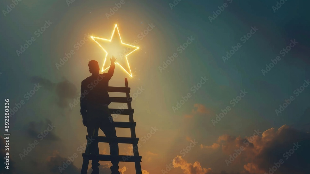 Reaching for Success: Man Climbing Ladder Towards Shining Star - A ...