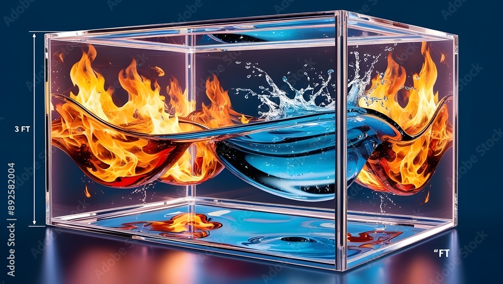 The picture shows a clear cube filled with fire and water, with flames ...