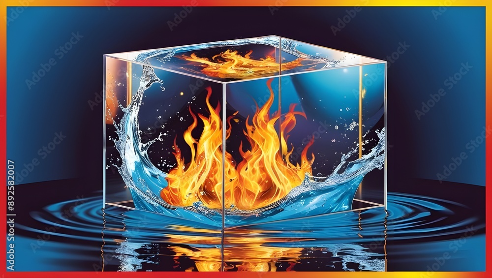 The picture shows a clear cube filled with fire and water, with flames ...