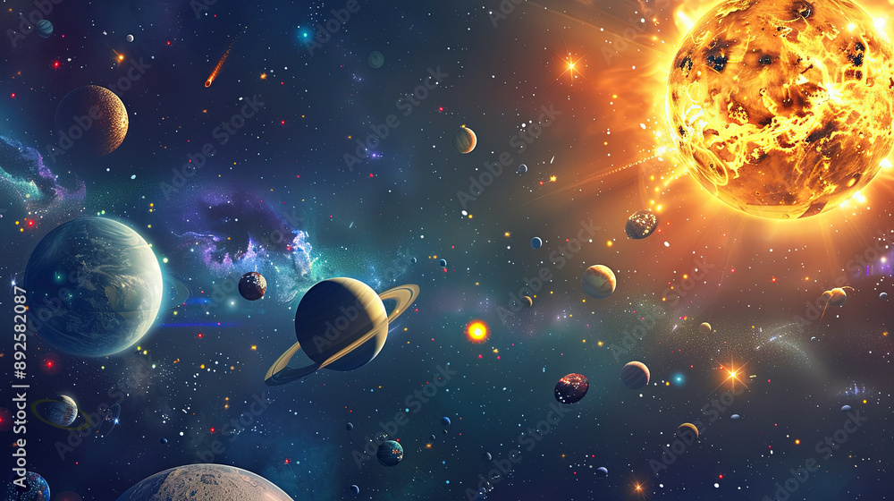 Solar system planets in deep space. Solar system planet, comet, sun and ...