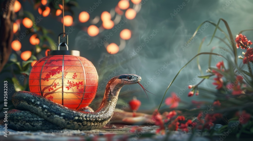 Snake Under a Red Lantern in a Magical Forest - A snake resting ...