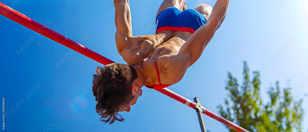 Athlete soaring over bar in high jump competition, wearing number 6 ...