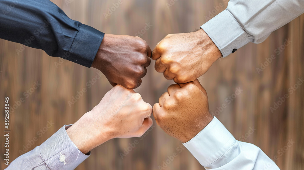 five hands in business attire doing the same fist bump, with different ...